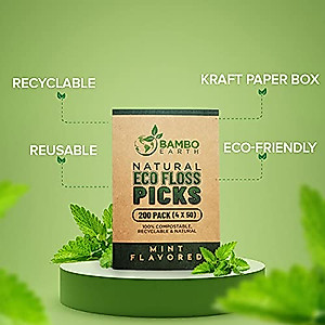 Natural Dental Floss Picks - Eco Friendly Cruelty Free & Vegan Tooth Flossers Pick Set with Biodegradable and Compostable BPA Free Handle & Zero Waste Packaging - 200 Pack (Mint Flavored)