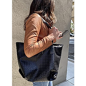 Bella Luna Women’s Large Woven Shoulder Tote Handbag (Black)