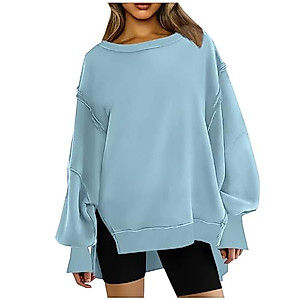 Ceboyel Women Oversized Sweatshirts Loose Fit Corded Sweatshirt Hoodie Crewneck Tunic Pullover Trendy Fall Clothes 2023 Christmas Sweatshirts for Women Light Blue 2X