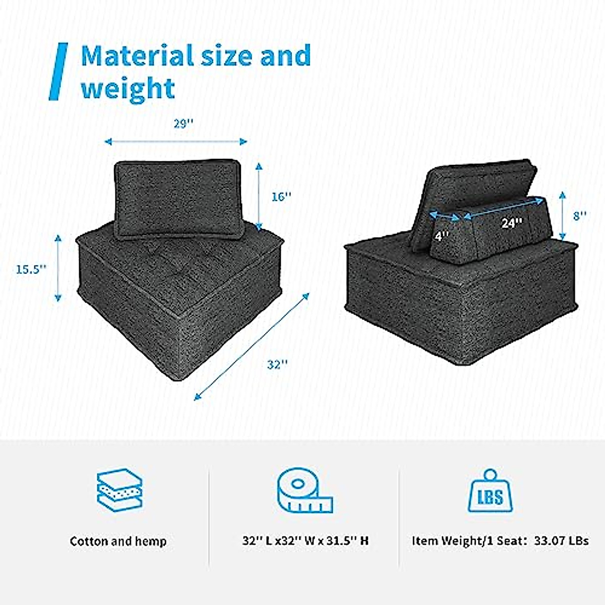 Mjkone Armless Floor Couch 2PCS Free Combination Floor Sofa Chair Comfy Modular Sofa with Removable Back Cushion Variable Sectional Sofa Couches for Living Room Apartment Office Small Space, Dark Grey