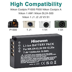 Hisewen EN-EL20 EN-EL20a Battery and Dual Charger for Nikon Coolpix P950, P1000, DL24-500, Coolpix A, 1 AW1, 1 J1, 1 J2, 1 J3, 1 S1, 1 V3 Digital Camera.