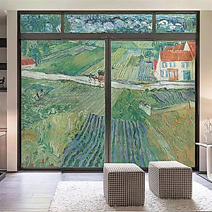 Window Privacy Film Opaque Window Stickers European Style Stained Glass Film Art Village Oil Painting Pattern Frosted Window Stickers PVC Static Cling Privacy Film Decor Glass Window Decals (Color :