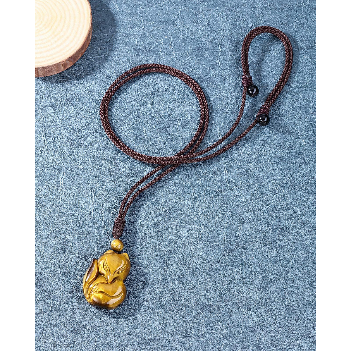Jovivi Healing Crystal Necklace Natural Tiger Eye Stone Fox Lucky Charm Amulet Bead Pendant Necklace Gemstone Jewelry Adjustable Rope