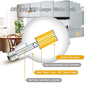CRLight 12W Dimmable LED Large Globe Bulb 100W Equivalent 1000LM, 3000K Soft White, E26 Antique Edison G125 Large Clear LED Filament Light Bulbs, Smooth Dimming Version