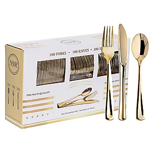 N9R 300PCS Gold Plastic Silverware, Heavy Duty Gold Plastic Cutlery Set Disposable Flatware Dinnerware, 100 Gold Forks, 100 Gold Spoons, 100 Gold Knives, Perfect for Party, Weeding and Daily Use