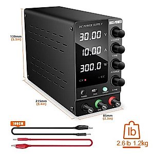 NICE-POWER Adjustable DC Power Supply: 30V 10A Variable Switching Regulated High Precision 4-Digits LCD Display 5V/2A USB Port Output & Input Power Cord Bench Lab Power Supplies