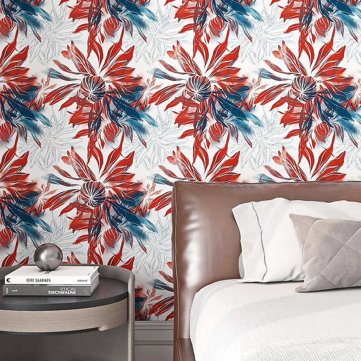 ReWallpaper 17.5in×23ft Floral Wallpaper Red and White Floral Peel and Stick Wallpaper Boho Blue Floral Petals Contact Paper for Cabinets Drawers Walls Blooming Flowers Wallpaper Waterproof Easy Apply