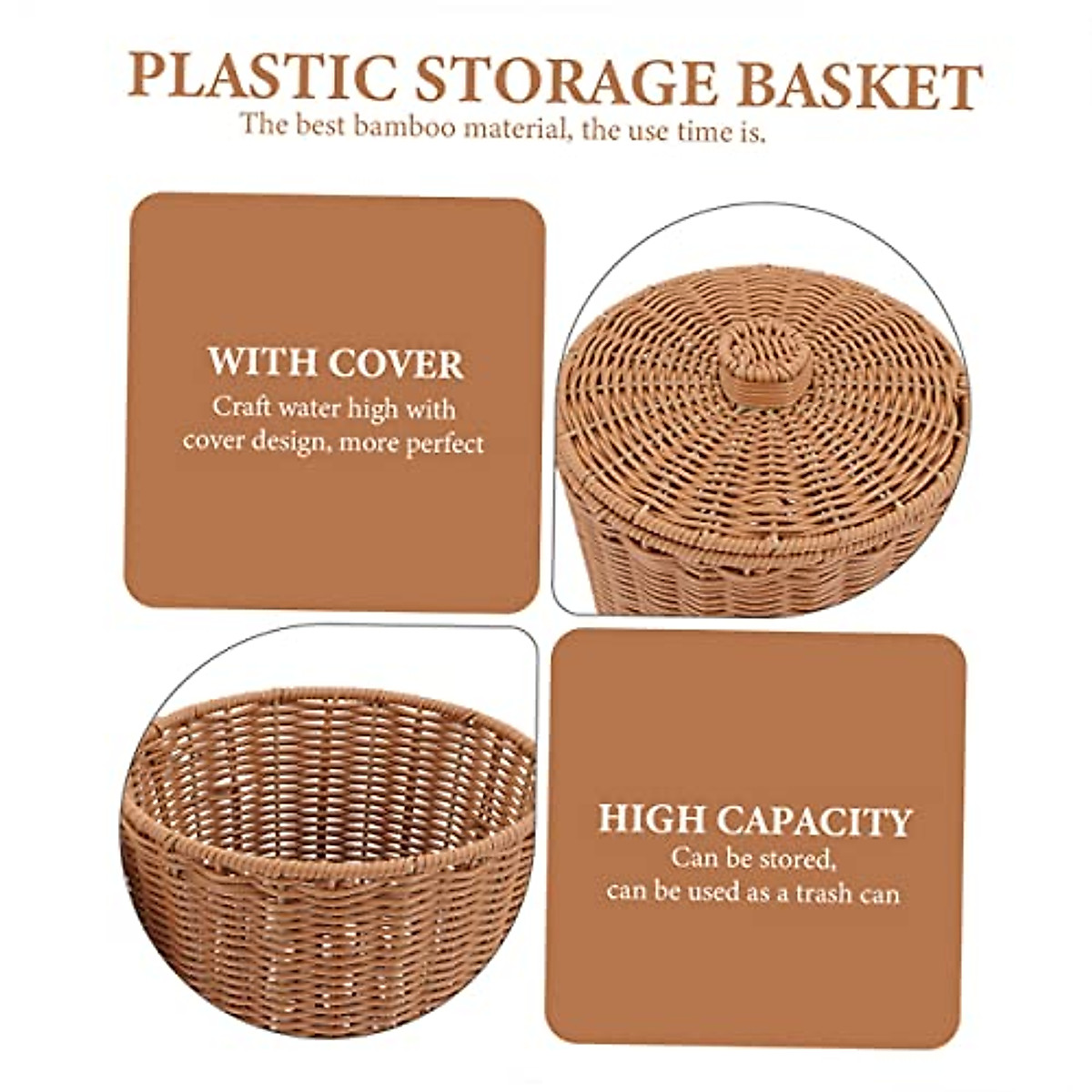 Yardwe 2pcs storage bucket with lid wicker storage basket seagrass plant pot paper waste basket woven flower pots small trash can wicker basket with lid rattan outdoor Iron office Toy