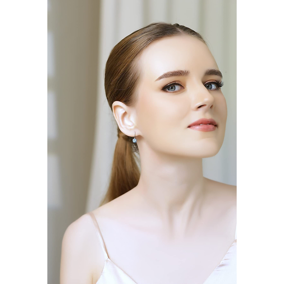 Leverback Earrings for Women Sterling Silver Light Blue Crystal Round-cut Drop Earring for Bridesmaids