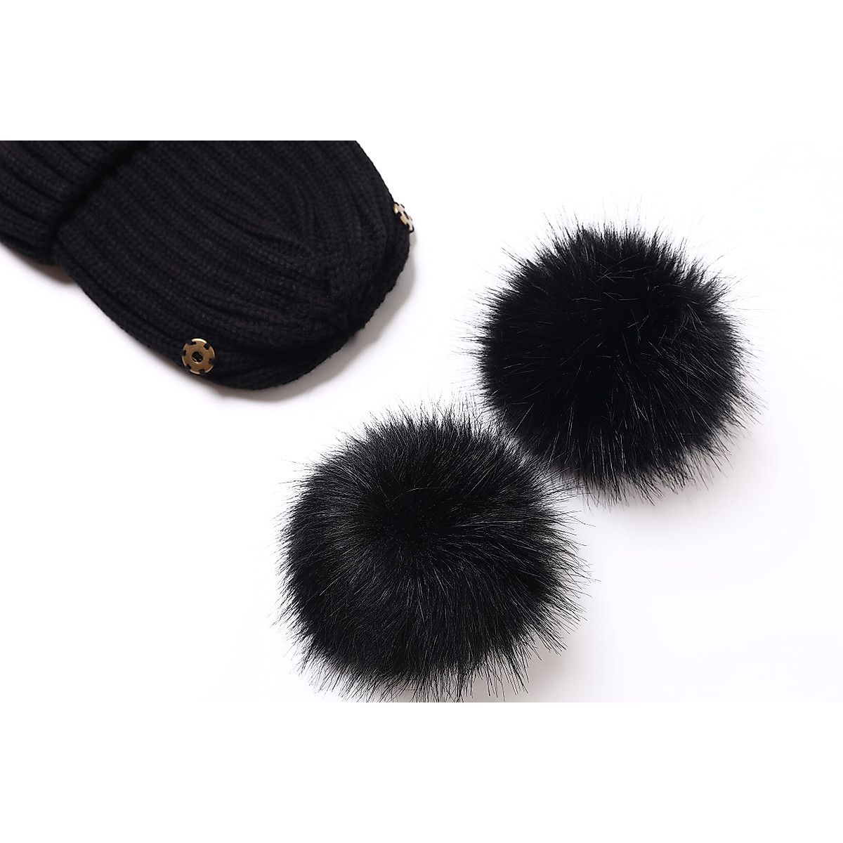 Roniky Womens Winter Hat Cable Knit Silk Satin Lined Beanie for Women Girls Double Faux Fur Pom Pom Ears Black