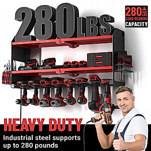 YYR Power Tool Organizer with Charging Station Wall Mount, Cordless Drill and Battery Holder for Garage Organization, Electric Tools Storage Rack Build in Surge Protection Power Strip - Red Shelf