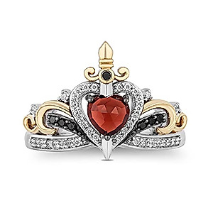 Jewelili Enchanted Disney Fine Jewelry 10K Yellow Gold and Sterling Silver with 1/5 Cttw Diamond and Red Garnet Evil Queen Ring