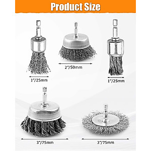 WENHUALI 5 Pcs Drill Wire Brush Set, Heavy Duty Wire Brush Wheel for Drill, 1/4'' Hex Shank Wire Brush Drill Attachments Coarse Carbon Steel Crimped, Great for Cleaning Rust, Paint, Abrasive