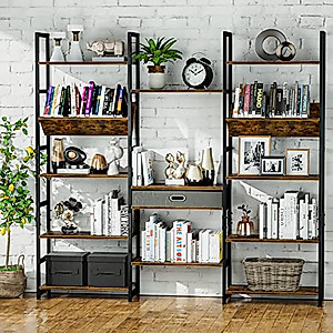 NUMENN Triple Wide 5 Tier Bookshelf, Adjustable Rustic Industrial Style Book Shelves, Modern Bookcases and Bookshelves Furniture for Bedroom, Living Room and Home Office, Vintage Brown