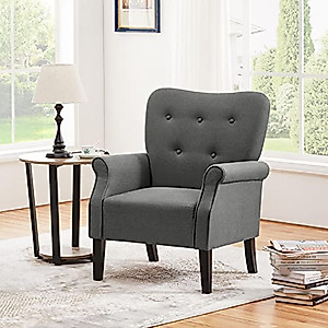 Yaheetech Modern Armchair, Mid Century Accent Chair with Sturdy Wood Legs and High Back for Small Space, Upholstered Fabric Sofa Club Chair for Living Room/Bedroom/Office, Dark Gray