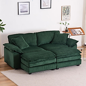 ONEMMLION 84.6" Modular Sectional Sofa Oversized Loveseat, Modern Upholstered Cloud Couch with 2 Ottoman, Comfy Corduroy Deep Seat Sleeper Sofa for Living Room, Small Space, Green