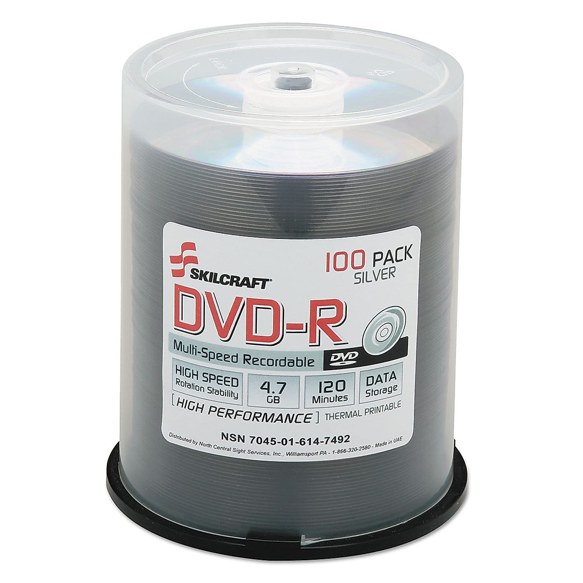 AbilityOne - 7045016147492 - SKILCRAFT® 4.7GB DVD-R 100 Pack with Spindle - 100 Units