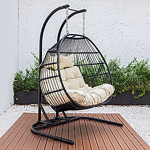 LeisureMod Wicker 2 Person Double Folding Hanging Egg Swing Chair (Beige)