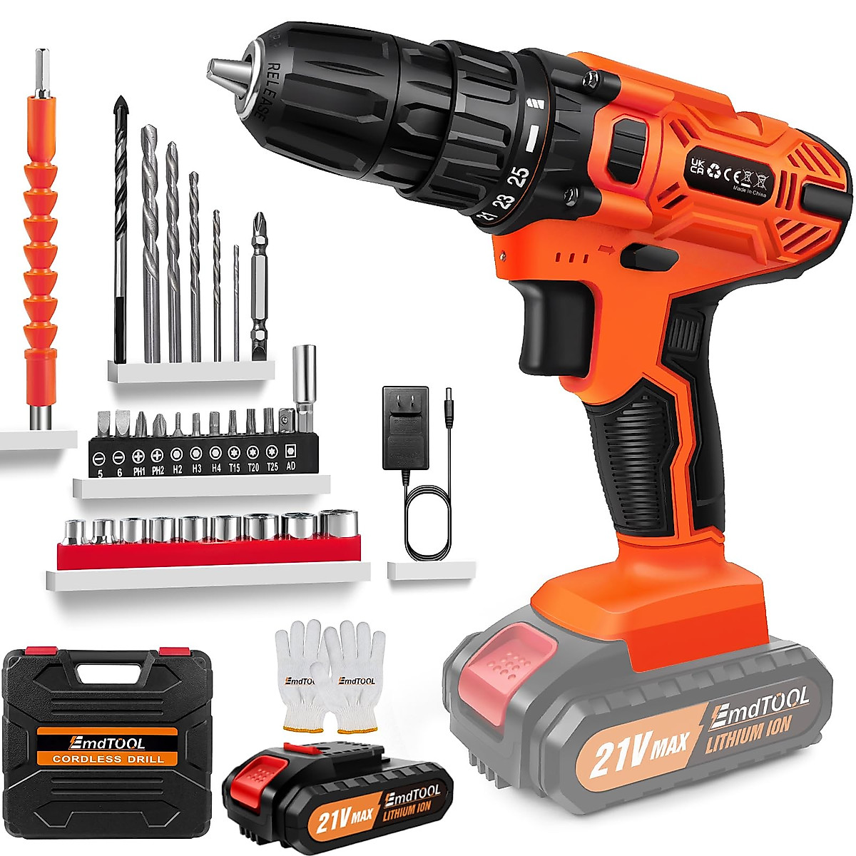 21V Cordless Drill, Electric Power Drill Set with Battery & Charger, 3/8” Keyless Chuck, 2 Variable Speeds, 398 In-lb Torque and 25+1 Position and 29pcs Drill/Driver Bits & LED Electric Drill Set