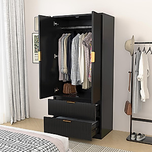 Wardrobe Closet with 2 Doors and 2 Drawers, 70"Clothing Storage Cabinets with Hanging Rod, Modern Wooden Armoire Wardrobe Closet with Gold Handles for Bedroom Armoires Laundry Room(Black)