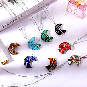 Sherr 15 Pcs Life Tree Crescent Moon Necklace Wire Wrap Natural Gemstones Pendant Healing Crystal Necklaces Reiki Spiritual Multicolored Jewelry Christmas Gift for Women