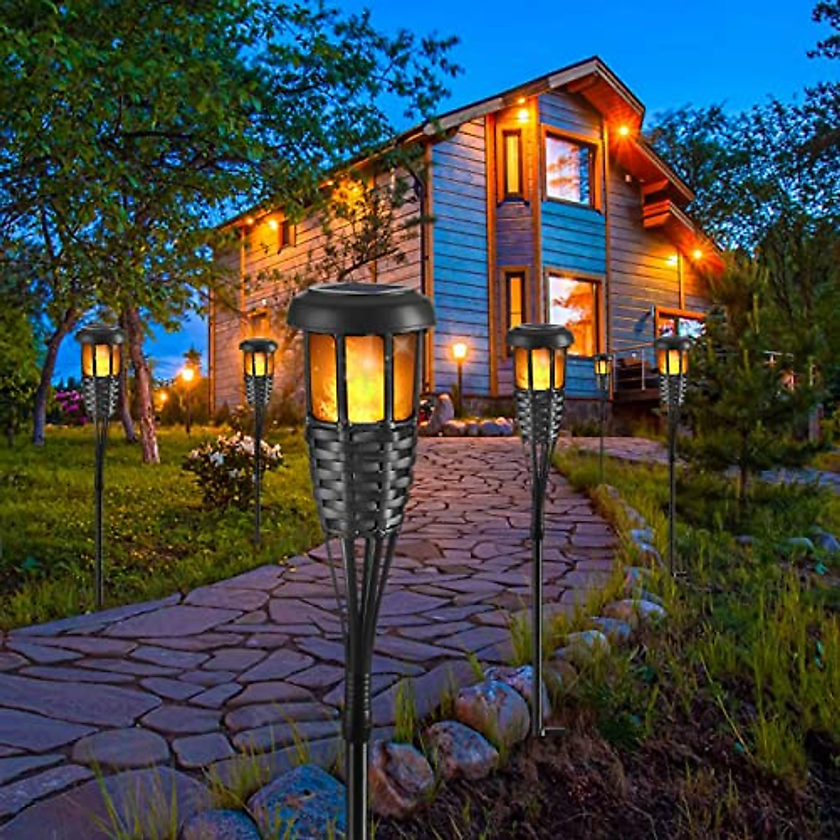 Solar Torch Light with Flickering Flame, 4 Pack Waterproof Bamboo Torches Hand-Woven Rattan Solar Tiki Torches for Outside Patio Yard Garden Lawn (Black-4 Pack)