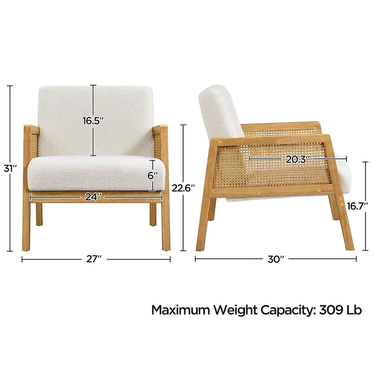 Yaheetech Boucle Fabric Accent Chair, Vintage Rattan Vanity Chair with Wood Armrest and Legs for Living Room Bedroom Makeup Room, Ivory 1