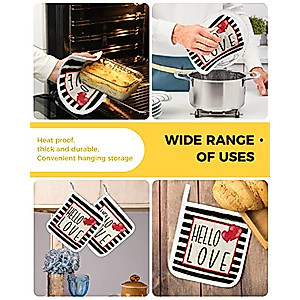 3Pack Pot Holders Cotton Heat Resistant Oven Hot Pads, Valentine's Day Potholder Cloth Potholders for Daily Kitchen Baking and Cooking with Hanging Loops - Hello Love with Black Stripes