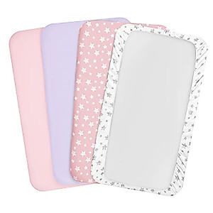 Pack and Play Sheets Girl, 4 Pack Mini Crib Sheets, Stretchy Pack n Play Playard Fitted Sheet, Compatible with Graco Pack n Play, Soft and Breathable Material, Pink