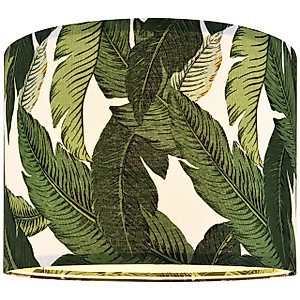 Tropical Lamp Shades - Natural Burlap Drum Lampshades with Greenery Leaf Print - 13" Top x 13" Bottom x 10" High - Ideal for Table & Floor Lamps - Hand Crafted - Farmhouse Decor - Assembly Required