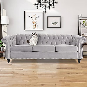 LEFHDA 84" Velvet Upholstered Chesterfield Sofa Couch, Modern 3 Seater Sofa Couch, Thicken Seat Cushions and Button Tufted Back Chesterfield Couch with Nailhead Trim Rolled Armrests, Grey
