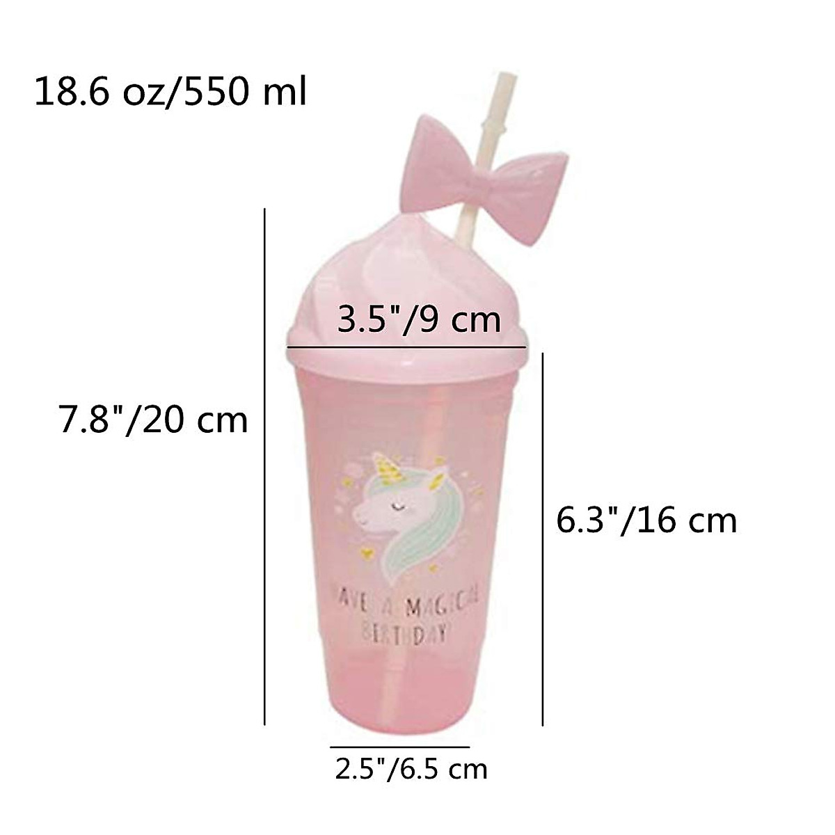 FEOOWV Unicorn Cups with Lids and Bowknot Straws, Plastic Cup for Iced Water Juice Milk Tea,Pack of 12pcs (Pink)