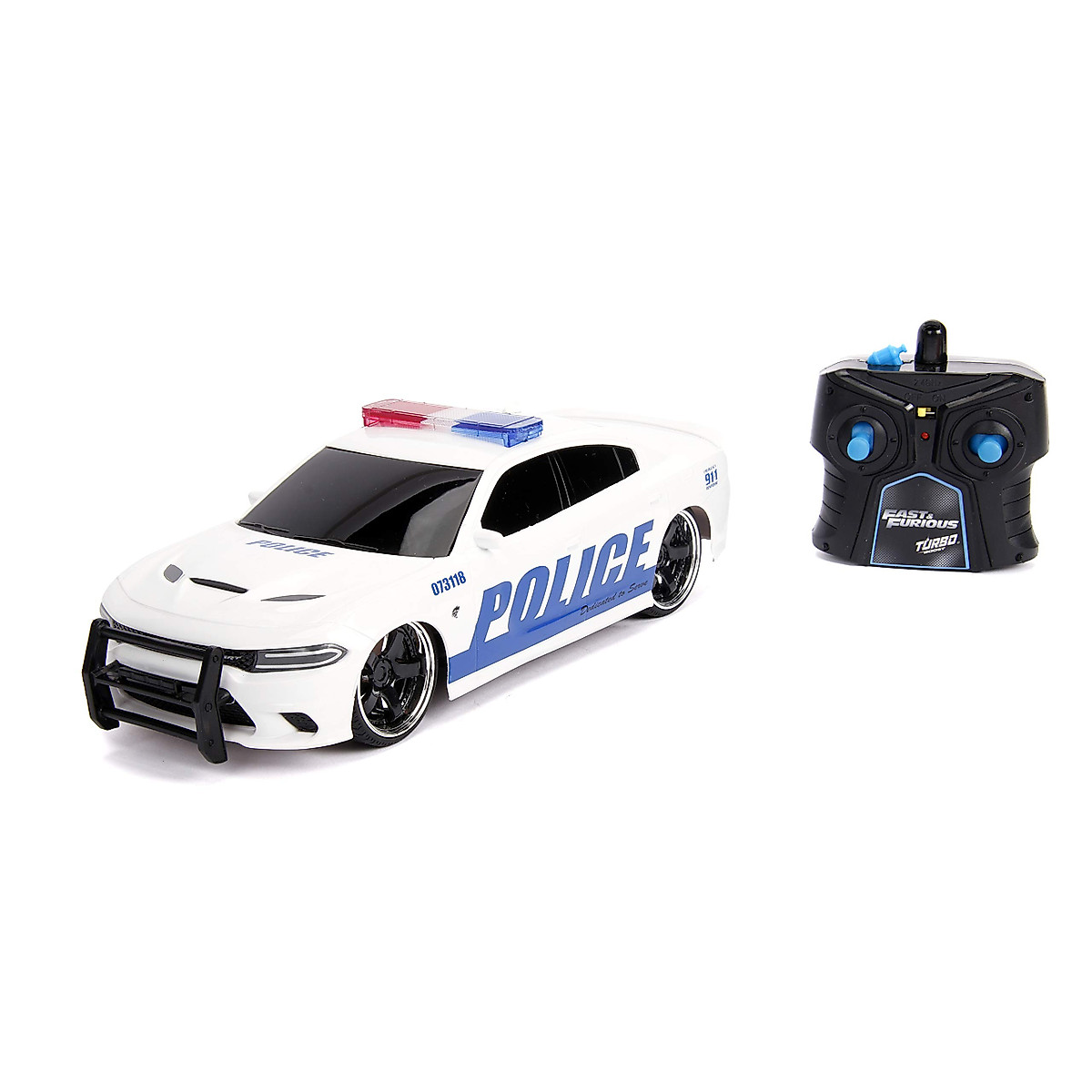 Jada Fast & Furious Chase Twin Pack- Dom's Dodge Charger R/T & Dodge Charger SRT Hellcat, Police & Chase Car Rc, USB Charged, Black and White