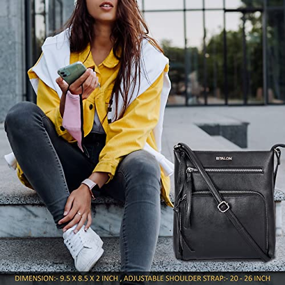 ESTALON Crossbody Bags for Women - Medium Size Crossover Women's Handbags and Purses for College Office Travel (Black)