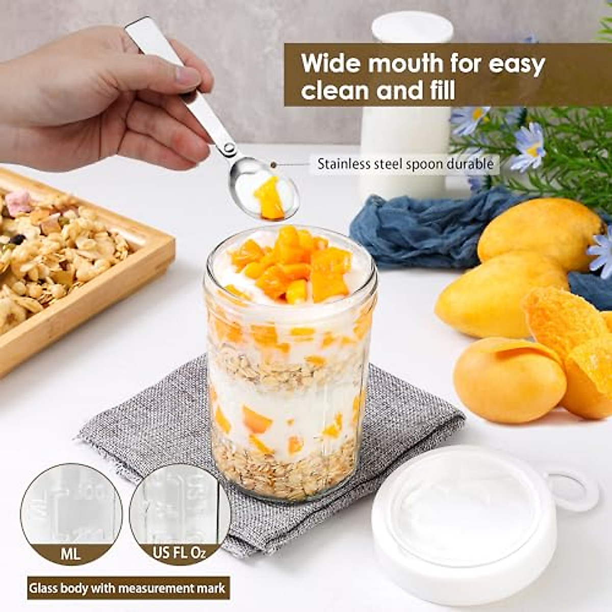 Quald Overnight Oats Containers with Lids, Folding Spoons and Divided Compartments for Fruit (4 Pack)
