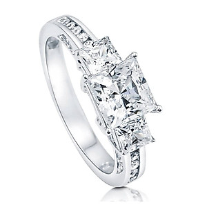 BERRICLE Sterling Silver 3-Stone Wedding Engagement Rings Princess Cut Cubic Zirconia CZ Promise Ring for Women, Rhodium Plated Size 7