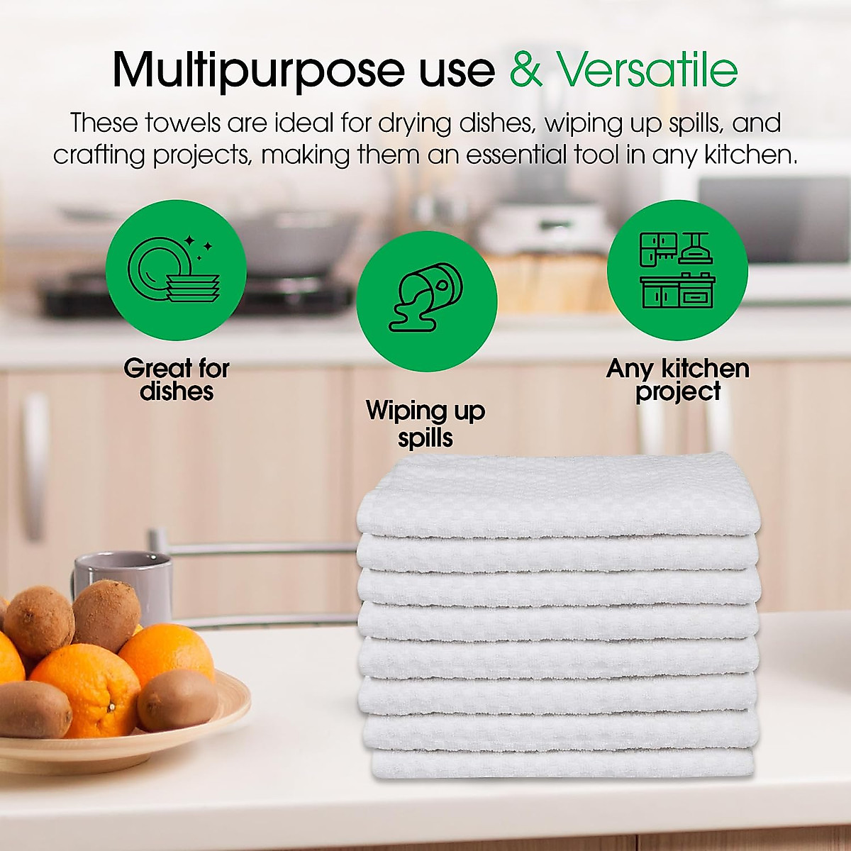 DG Collections Terry Dish Towels, 100% Cotton Kitchen Towels, Set of 8 (15x25 inch) Hand Towels - 400 GSM, Absorbent Terry Cloth Dish Towels for Kitchen, Soft Tea Towels - White Color