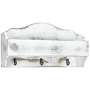 Red Co. 16” x 8” Large Decorative Wooden Wall-Mounted Rack Organizer with 3 Hooks in Distressed White Finish