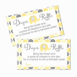 Paper Clever Party Yellow Elephant Diaper Raffle Tickets, Baby Shower Game Drawings, Invitation Insert Cards, 25 Guests Pack