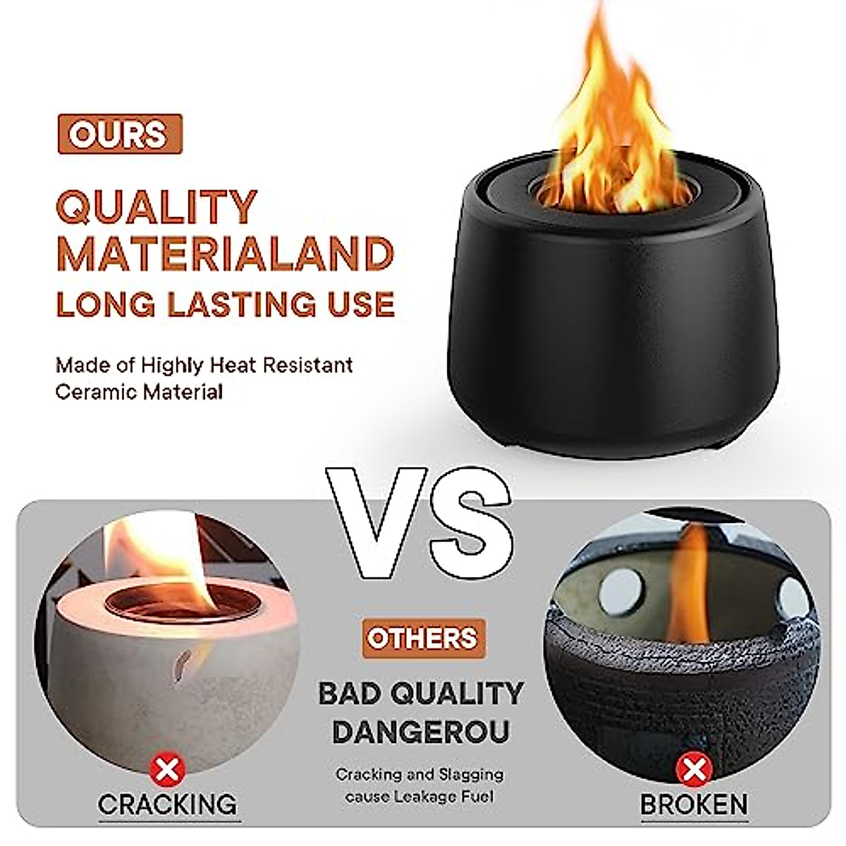 Ceramic Tabletop Fire Pit, Portable Ethanol Fire Bowl, Mini Rubbing Alcohol Fireplace Table Top Fire Pit Bowl Long Burning Smokeless Housewarming Gift with Indoor & Outdoor & Garden