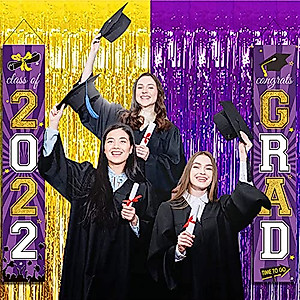 Graduation Decorations 2022 Purple Gold Graduation Party Supplies 2022 Graduation Banner Purple Gold Class of 2022 Congrats Grad Porch Sign and Foil Curtains Graduation Party Decorations by HappyField