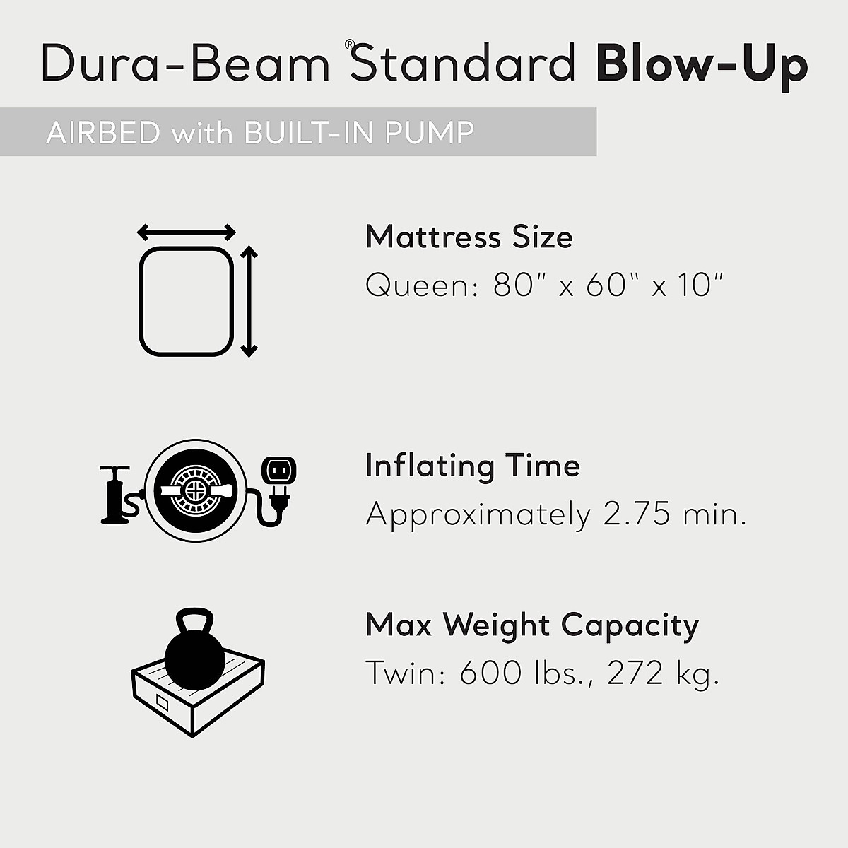Intex 64149ED Dura-Beam Standard Pillow Rest Air Mattress: Fiber-Tech – Queen Size – Built-in Electric Pump – 10in Bed Height – 600lb Weight Capacity