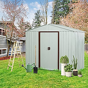 GLANZEND 8 X 4 Feet Outdoor Storage Shed, Metal Utility Tool Shed with Waterproof Sloping Roof, Punched Vents and Sliding Lockable Doors, Garden Storage House for Backyard Lawn, White