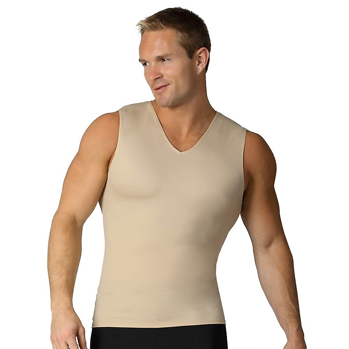Insta Slim Mens Compression Sleeveless V Neck Muscle Shirt- Slimming Body Shaper Undershirt (Medium, Nude)