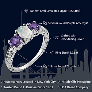 Gem Stone King 925 Sterling Silver Oval Cabochon White Simulated Opal and Purple Amethyst Ring For Women (1.65 Cttw, Gemstone Birthstone, Available In Size 5, 6, 7, 8, 9)
