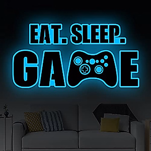 Eat Sleep Game Wall Decal Glow in The Dark Gamer Boy Wall Stickers Vinyl Video Game Room Decor Gaming Controller Wall Decals for Boys Bedroom Kids Girls Men Playroom Game Wall Decor… (Large Size, Sky blue)