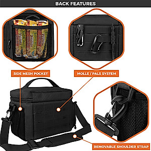 opux Tactical Lunch Box for Men, Insulated Lunch Bag for Men Adult, Large Soft Lunch Cooler with MOLLE Mesh Side Pockets, Heavy Duty Mens Tactical Lunchbox Pail for Work Meal Prep (Black)