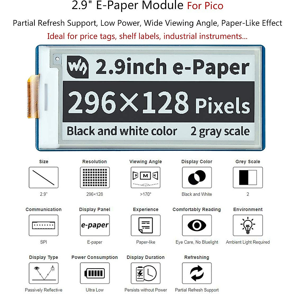 Waveshare 2.9inch E-Paper Display Module for Raspberry Pi Pico, Black White Two-Color 296×128 Pixel E-Paper Screen LCD SPI Interface Support Partial Refresh Wide Viewing Angle, Paper-Like Effect