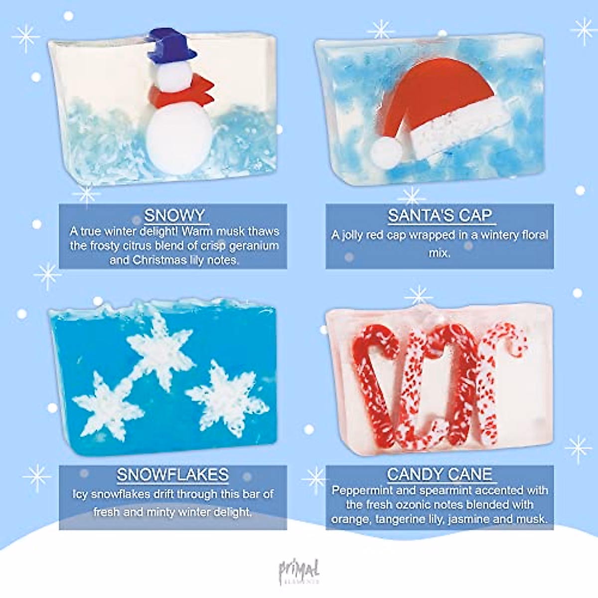 Primal Elements Assorted Variety Soap Bar Holiday Bundle, Glycerin Soap, Moisturizing for Hands, Face, and Body, Gift for Him/Her, Fun Stocking Stuffer, Christmas Favorites - 1 Count (Pack of 8)