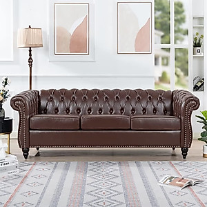 JINS&VICO 84" Chesterfield Sofa Couch, 3 Seater PU Leather Sofa w/Thick Cushion and Deep Seat, Mid-Century Modern Upholstered Accent Rolled Arm Sofa for Living Room, Bedroom, Office, Apartment, Black